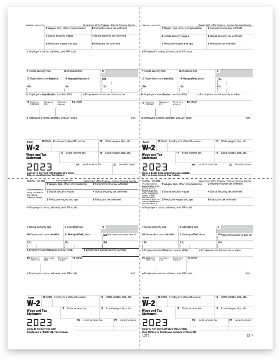 Employer W2 Tax Forms, Copies 1 & D, 4up V1- DiscountTaxForms.com